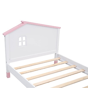 Bellemave Twin Platform Bed with Headboard, House Twin Bed with Support Slats, Wood Kids Twin Size Bed for Boys Girls, No Box Spring Needed, Bedroom Furniture (White+Pink)