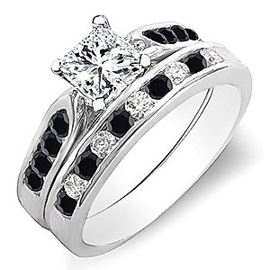 Dazzlingrock Collection 1.10 Cttw Black & White Diamond Wedding Ring Set in 10K White Gold, Size 10
