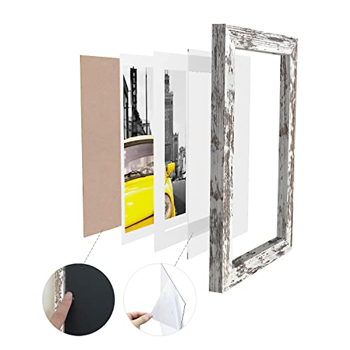 Emeyart 12x16 Rustic Picture Frames Solid Wood Display Pictures 11x14 Photos with Mat or 12x16 without Mat, Farmhouse Distressed White Wooden Picture Frame Wall Art for Wall Mounting