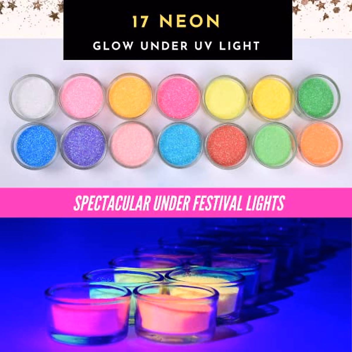 FINOCLAY Fine Glitter 52 Colours Holographic Shaker Tubes 260g Set for Epoxy Resin, Laser for Nail Art, Neon for Body Art, Chunky Iridescent Flakes, Art Crafts, Slime Supplies Gold Silver Glitter