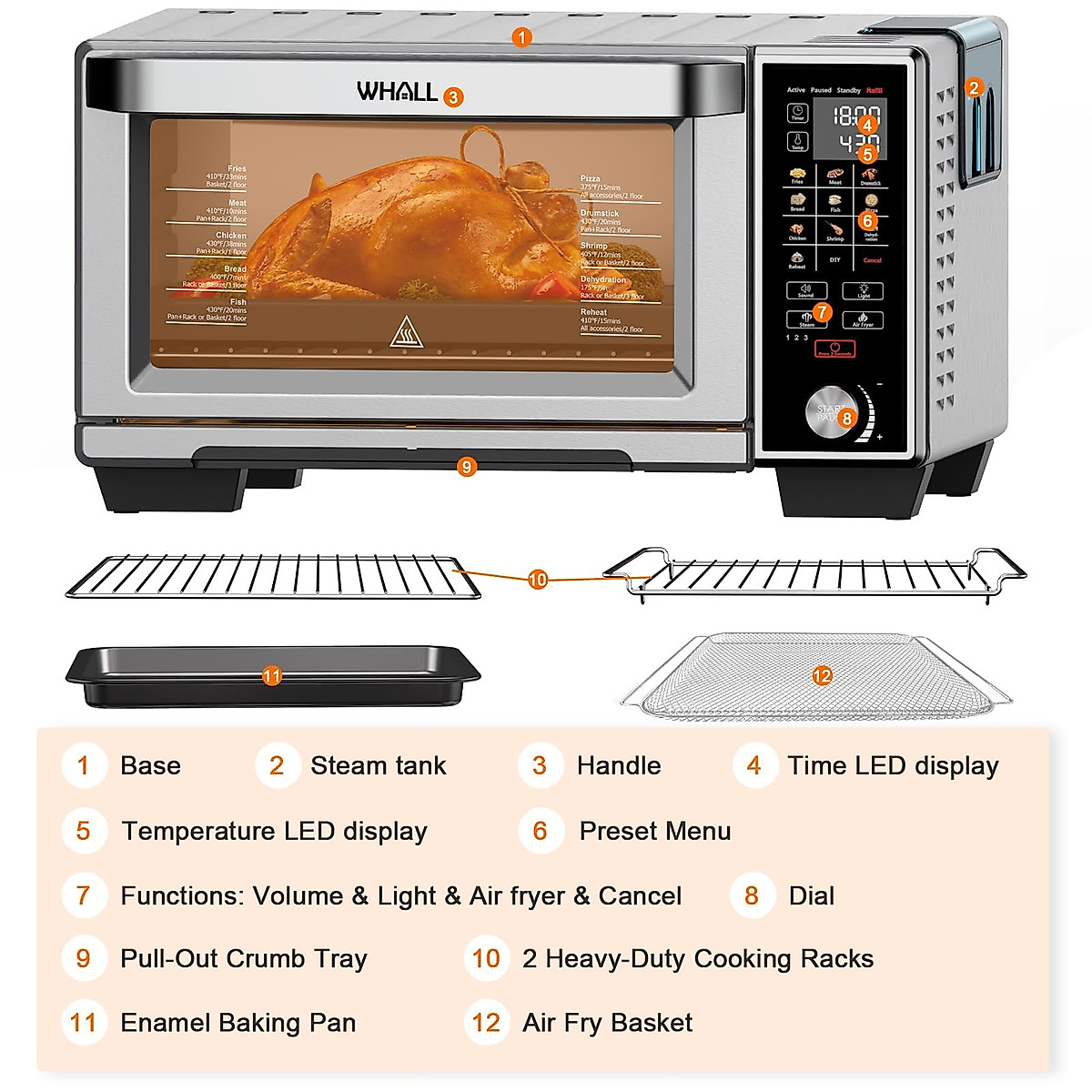 WHALL Toaster Oven Air Fryer, Max XL Large 30-Quart Smart Oven,11 function Toaster Oven Countertop with Steam Function,12-inch Pizza/1700W