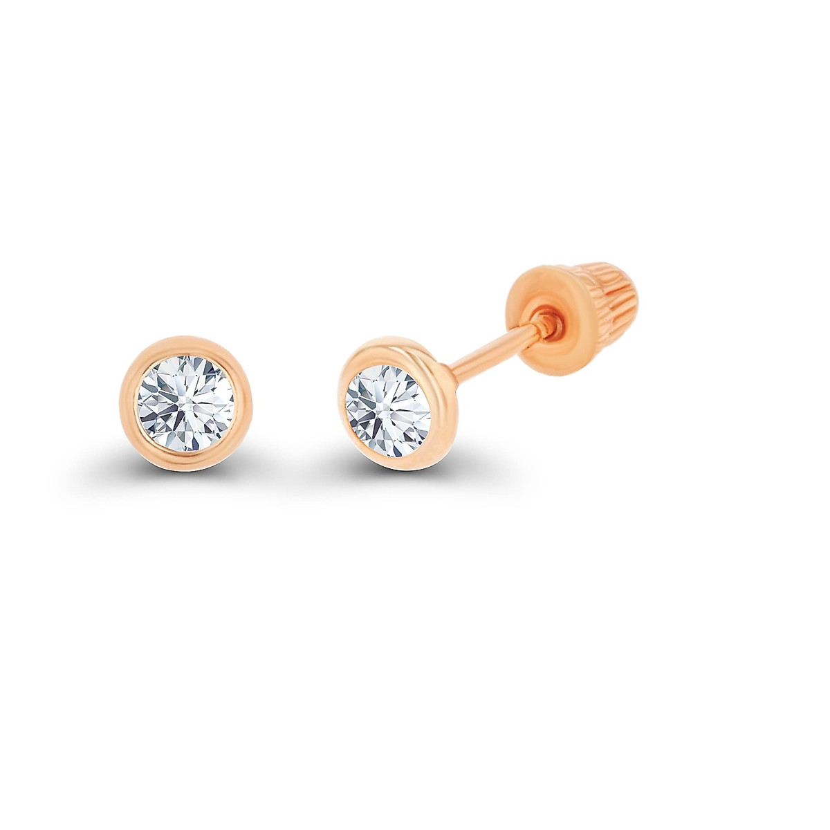 Solid 14K Rose Gold 3mm Round Created White Sapphire April Birthstone Bezel Screw Back Stud Earrings