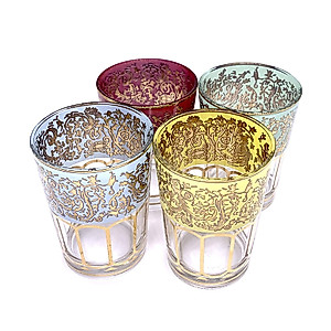 Big Gold Shot Glasses, Mini Juice Glasses, 4 oz Shot Glasses Set, Party Shot Glasses With Colorful Print, Small Stemless Wine Glass Set Of 4, 5oz Moroccan Tea Glasses