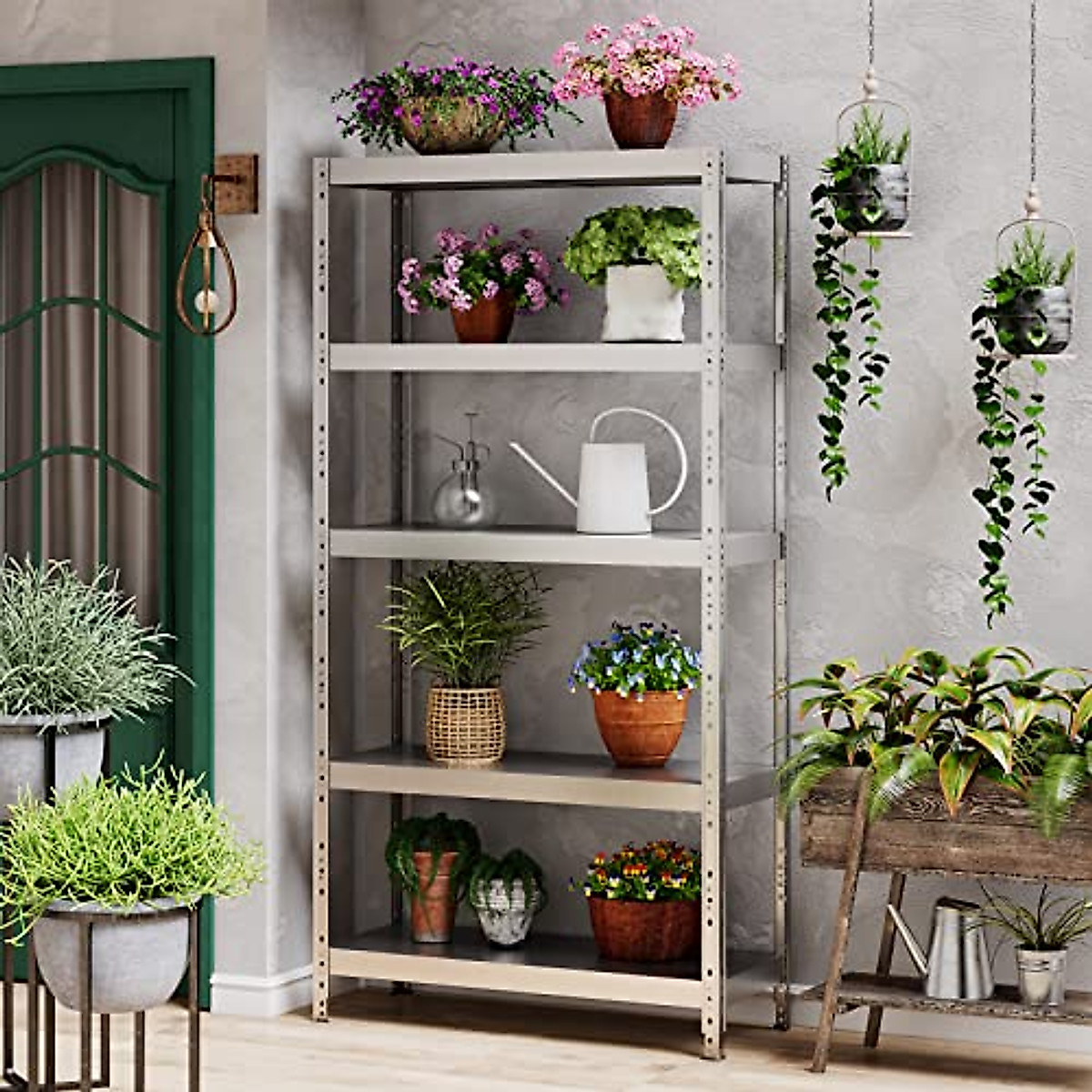 Tangkula Garage Storage Shelves, 5-Tier Metal Shelves for Storage, Shelving Unit with Foot Pads, Heavy Duty Storage Rack, 2866LBS Load Capacity, Bolt-Free Assembly, 39 x 16 x 77 Inches (1, Silver)