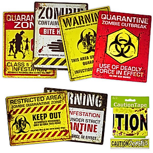 6 Warning Signs 11x14" with Caution Tape Roll 20 Feet - Halloween Zombie Party Decorations Halloween Indoor Outdoor Yard Signs Beware Danger Door Posters Haunted House Decor