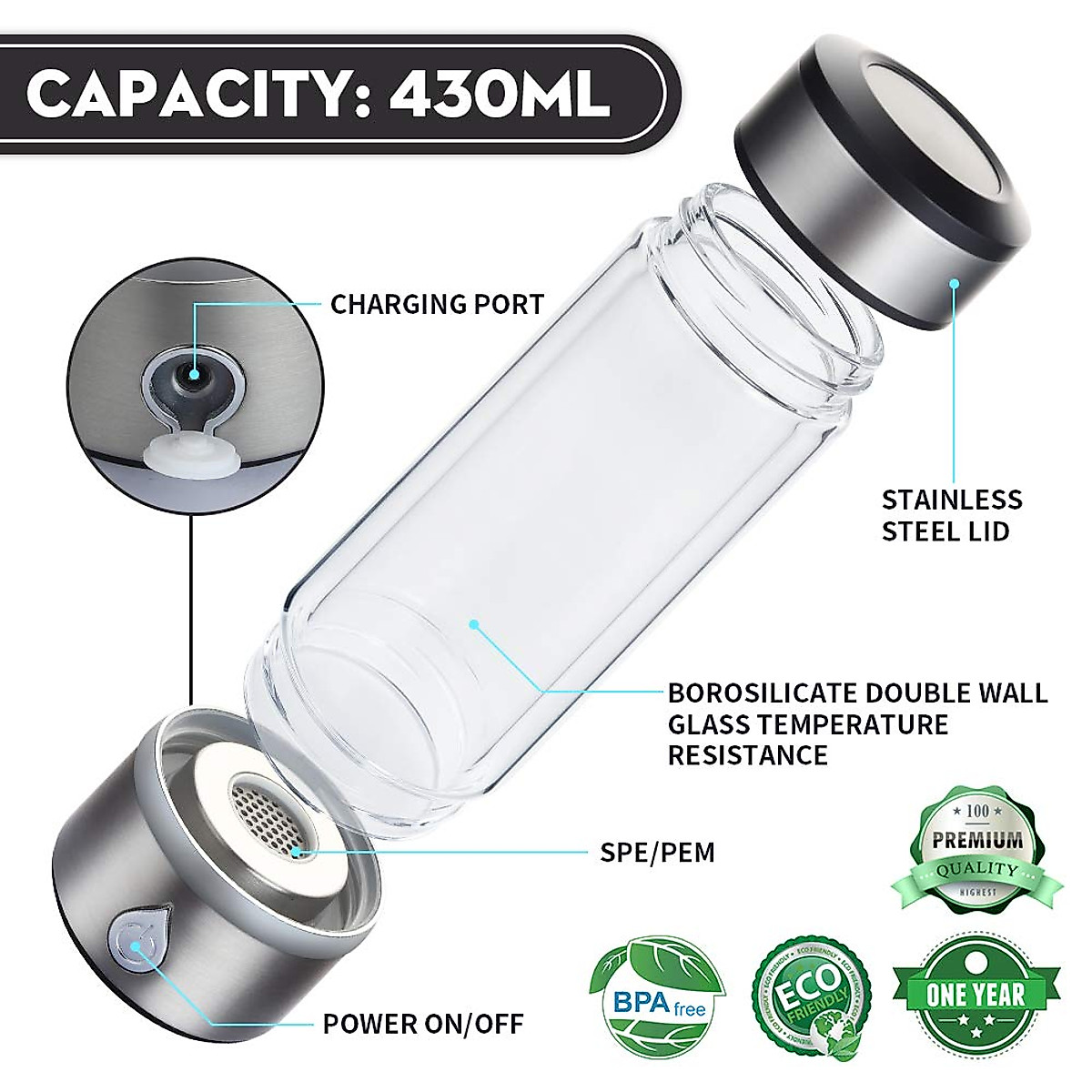 SAIKUN Hydrogen Rich Water Cup ，PEM Technology Ionizer ， Portable USB Rechargeable Ionized Water Generator Anti Aging Antioxidant Glass Bottle- 350ml