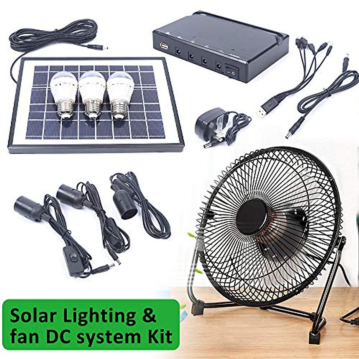 DYRABREST Solar Generator Portable Lighting System Kit, Solar Powered Panel+Fan+3x1W 12V Bulbs