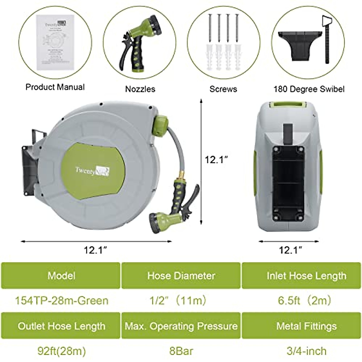 Automatic Hose Reel Retractable,Garden Hose Reel with Wall Mount,Water Hose Reels for Outside,1/2''x 92+6.5Ft Water Hose,9 Pattern Hose Nozzle,180° Swivel Bracket,Any Length Lock for Garden Hose Reel