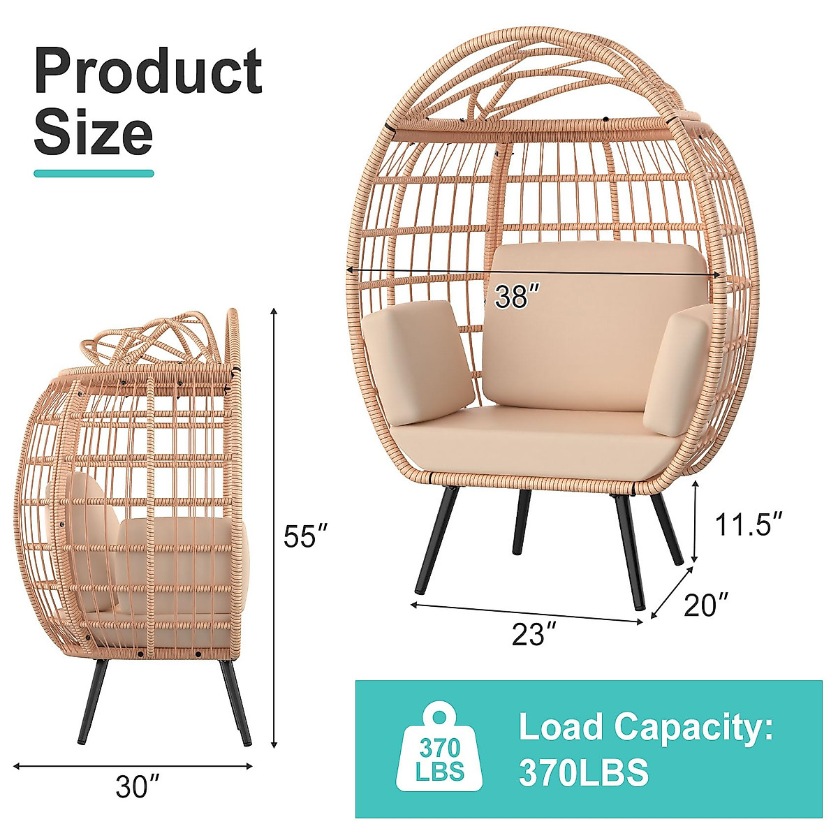 ZENPETIO Wicker Egg Chair, Oversized Indoor Outdoor Lounger with 4 UV Resistant Cushions, Storage Bag, All-Weather Wicker Egg Lounger Chair for Patio, Backyard, Living Room, 370lbs Capacity - Brown