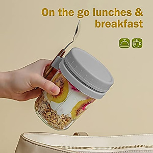Suli Overnight Oats Container with Lid and Spoon, Recipe, 16 oz Glass Overnight Oats Jars, Wide Mouth Airtight Mason Jars, Milk Vegetable and Fruit Salad Storage with Measurement Marks (Grey)