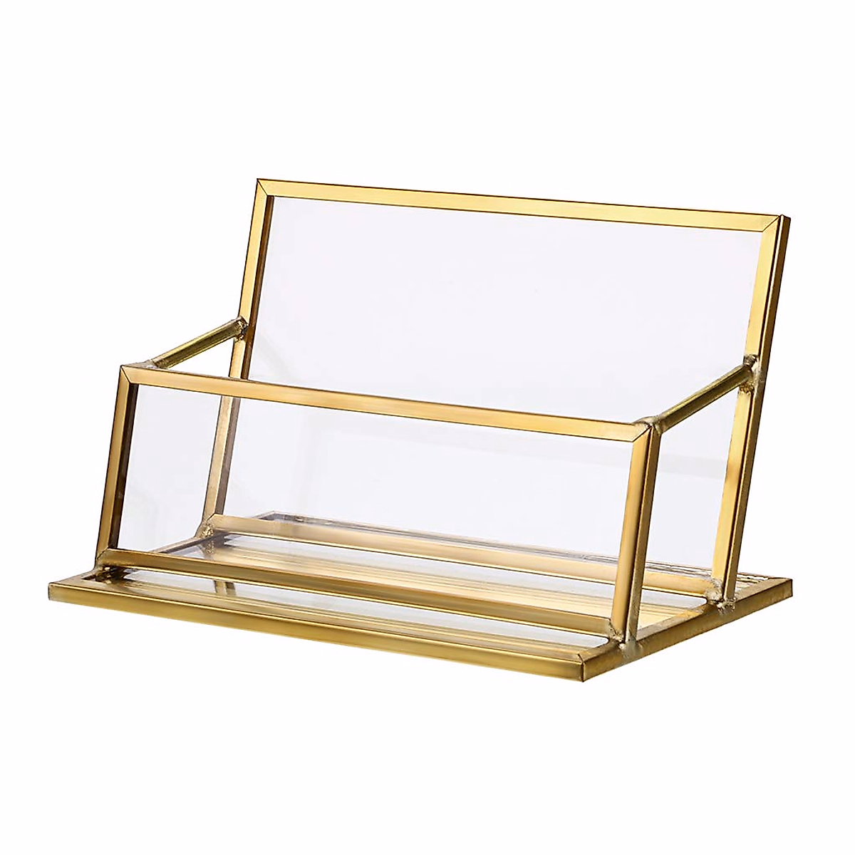 Hipiwe Glass Business Card Holder Stand - Vintage Gold Metal Name Card Display Stand Office Desktop Countertop Business Card Organizer