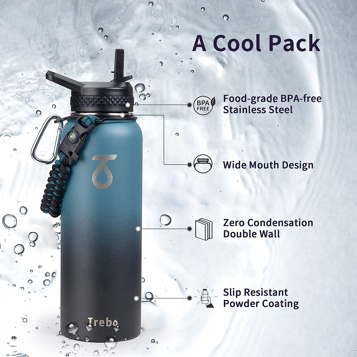 Trebo Water Bottle 40oz with Paracord Handle,Vacuum Double Wall Stainless Steel Insulated Water Jug with Straw Spout Handle Lids, Large Sports Flask Keep Cold & Hot, Ombre: Indigo/Black