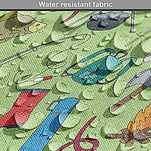 Ambesonne Fishing Theme Fabric by The Yard, Angling and Camping Elements Rods Bags Tents Fishes and Boats, Decorative Fabric for Upholstery and Home Accents, 1 Yard, Green Red