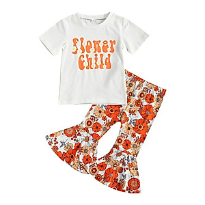 YOKJZJD Little Toddler Baby Girl Letter Short Sleeve T-Shirt Tops Floral Flared Bell-Bottom Pants Leggings Kids Summer Clothes Set (White, 6-7 Years)