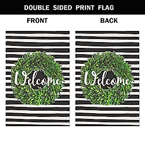 HOSNYE Boxwood Wreath Welcome Garden Flag 12x18 Inch Vertical Double Sided Black and White Stripes Background Garden Flags Rustic Farmhouse Yard Outdoor Decoration