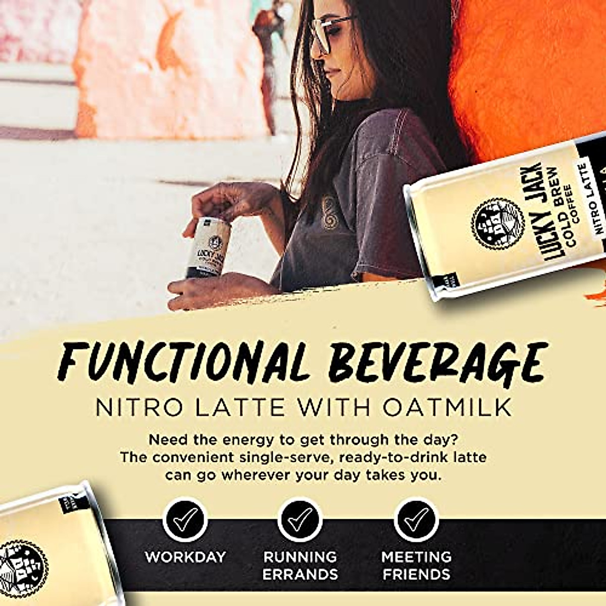 Lucky Jack Cold Brew Coffee Vanilla - Draft Pour Nitro Latte w/Oat Milk, 130mg Caffeine Per Serving - Gluten Free, Nut Free, Kosher & USDA Certified Organic - (12 Pack, 7.5oz Cans)