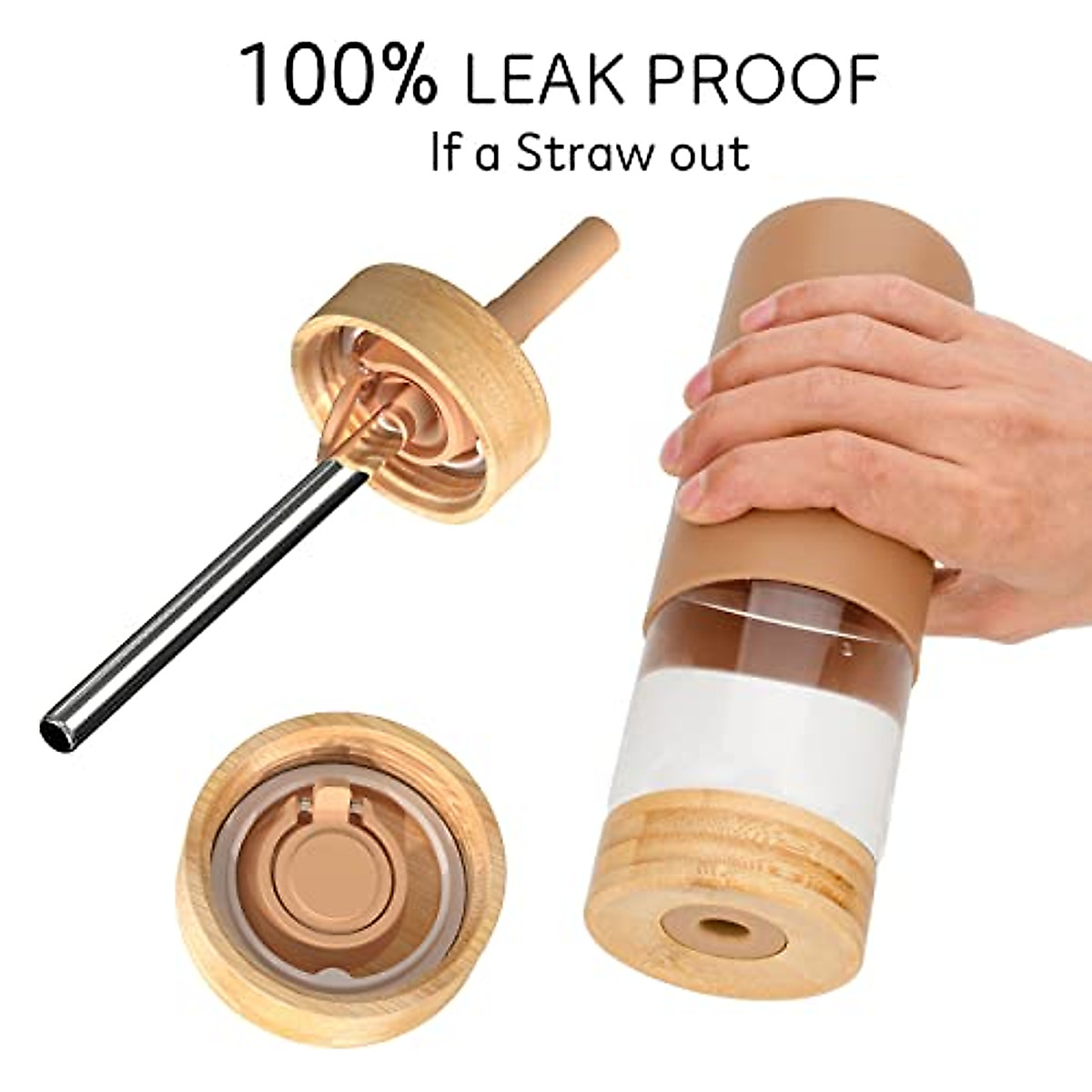 Tronco 20oz Glass Water Bottle with Bamboo Lid, Reusable Glass Water Tumbler with Straw and Silicone Sleeve, Glass Boba Cup,Leak Proof, BPA Free,Dishwasher Safe