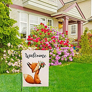 Welcome Garden Flag Cute Little Fox with Floral Bouqet Double Sided Decorative Small Yard Decor Flags 12 X 18 Inch