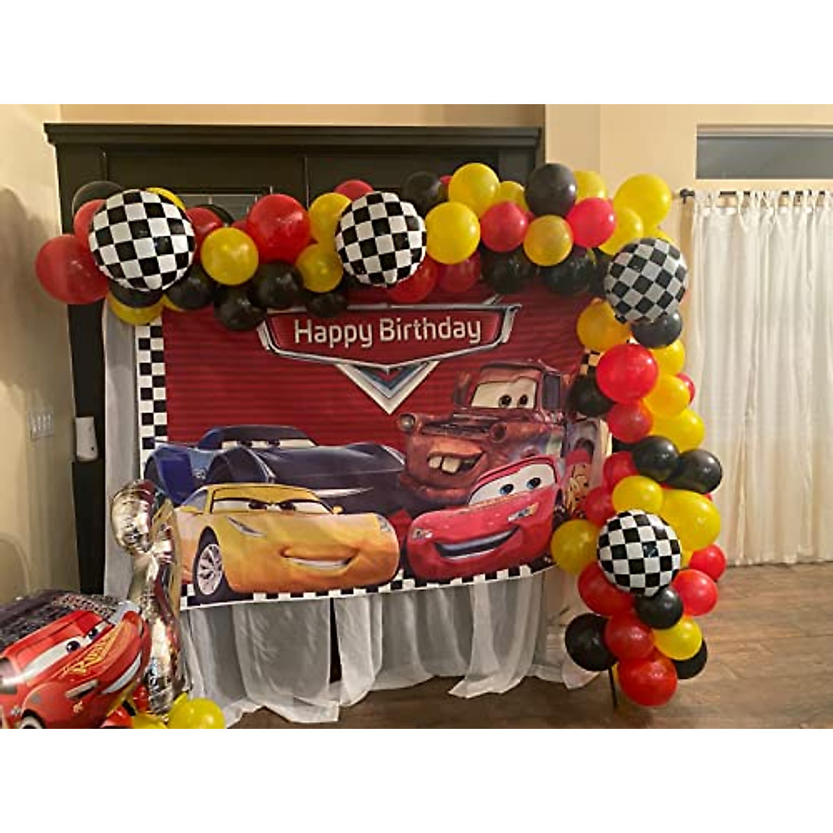 GYA 7x5ft Cartoon Racing Mobilization Birthday Themed Backdrops Racing Flag Black White Grid Red Photo Backgrounds for Photography Party Banner Photo Booth Props