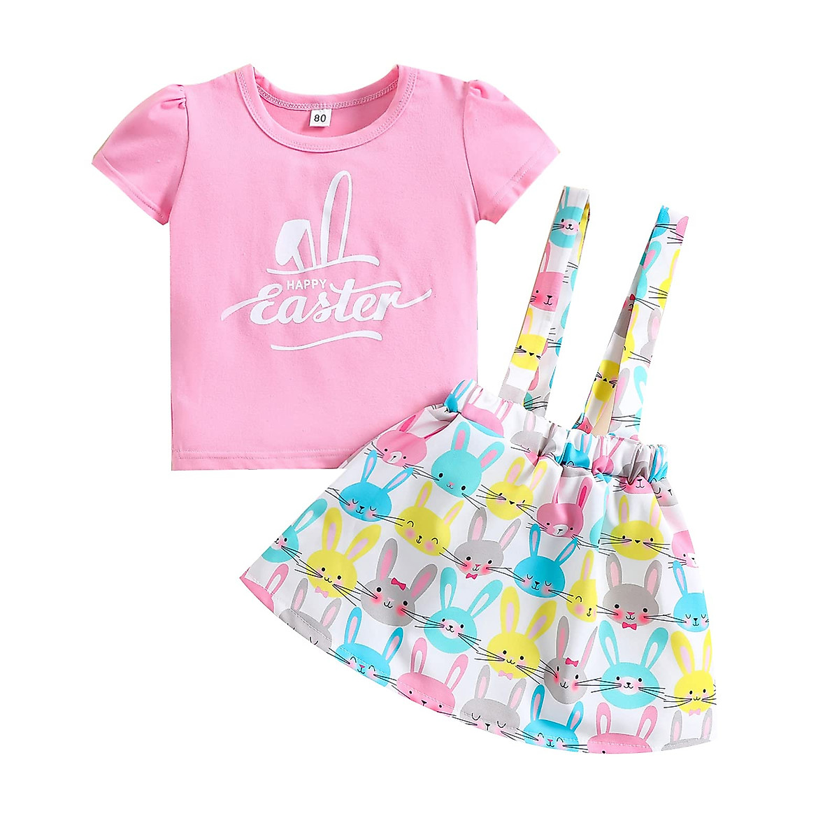 Toddler Baby Girl Easter Outfit Ruffle Short Sleeve T-Shirt Top Bunny Print Suspender Skirt 2Pcs Clothes Set (Pink, 3-4T)