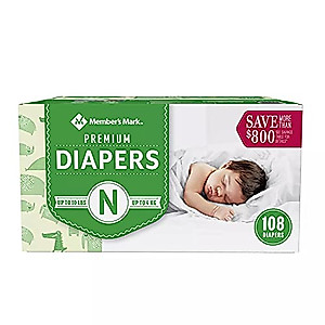 Members Mark Members Mark Premium Baby Diapers, Newborn Size 10 Pounds, 108 Count