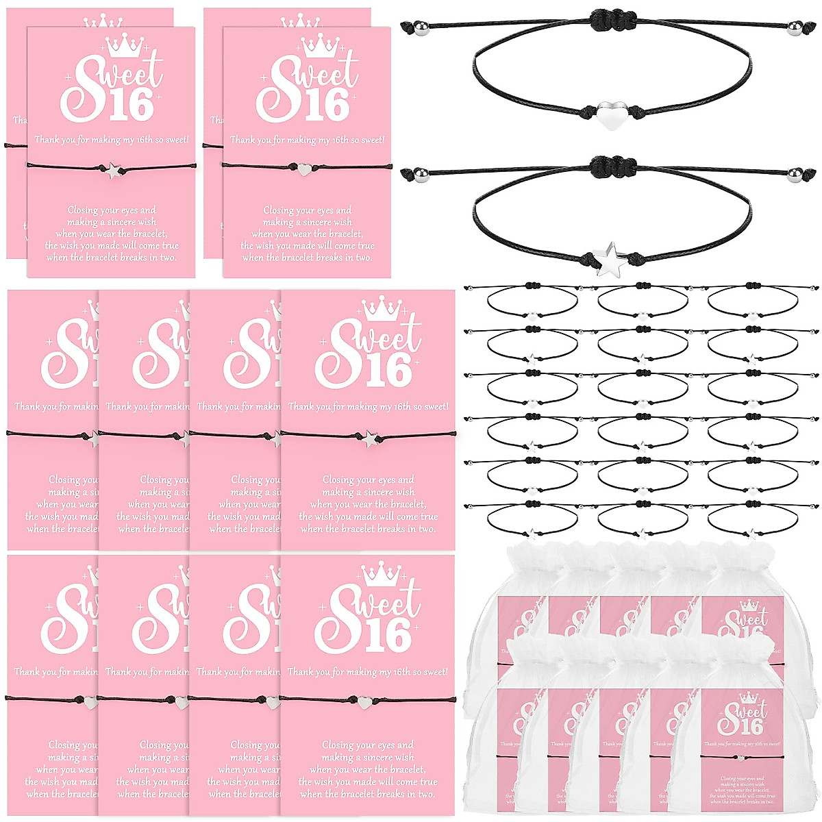 Misdary 25 Sets Sweet 16 Favors for Guests Include 13 Wish Bracelets with Heart Charm 12 Star Charm Adjustable Bracelets with Thank You Cards 16th Birthday Party Favors 16 Years Birthday Supply