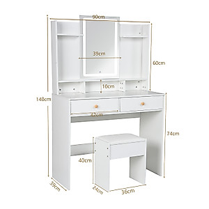 Jarbalai White Makeup Vanity with Mirror and Lights, Large Vanity Set with Cushioned Stool and Drawers, Modern Dressing Table Vanity Desk for Bedroom