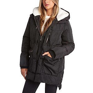 Steve Madden womens Steve Madden Women's Puffer Parka Jacket Down Alternative Coat, Black Two, Large US