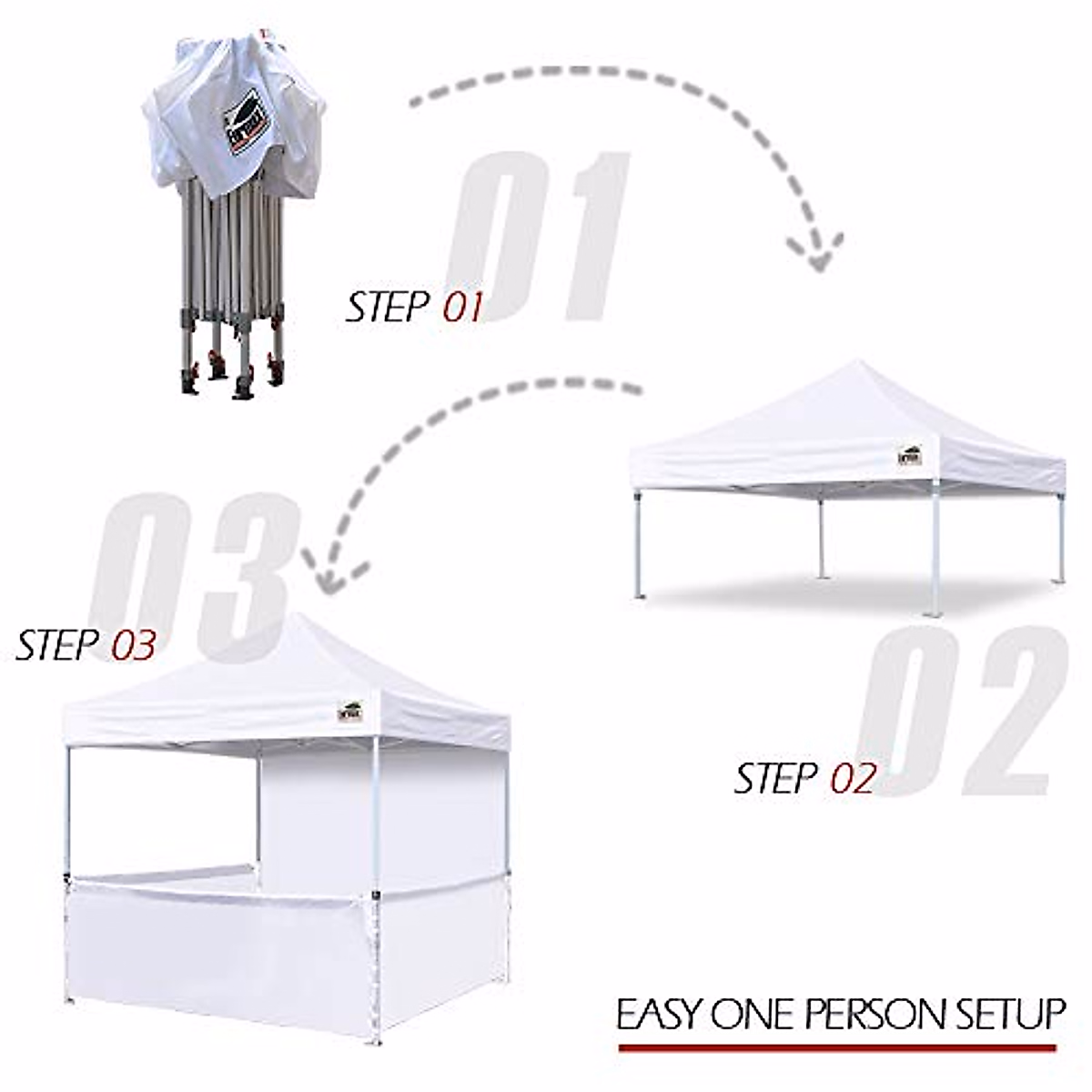 Eurmax 10'x10' Ez Pop-up Booth Canopy Tent Commercial Instant Canopies with 1 Full Sidewall & 3 Half Walls and Roller Bag, with 4 SandBags + 3 Cross-Bar(White)