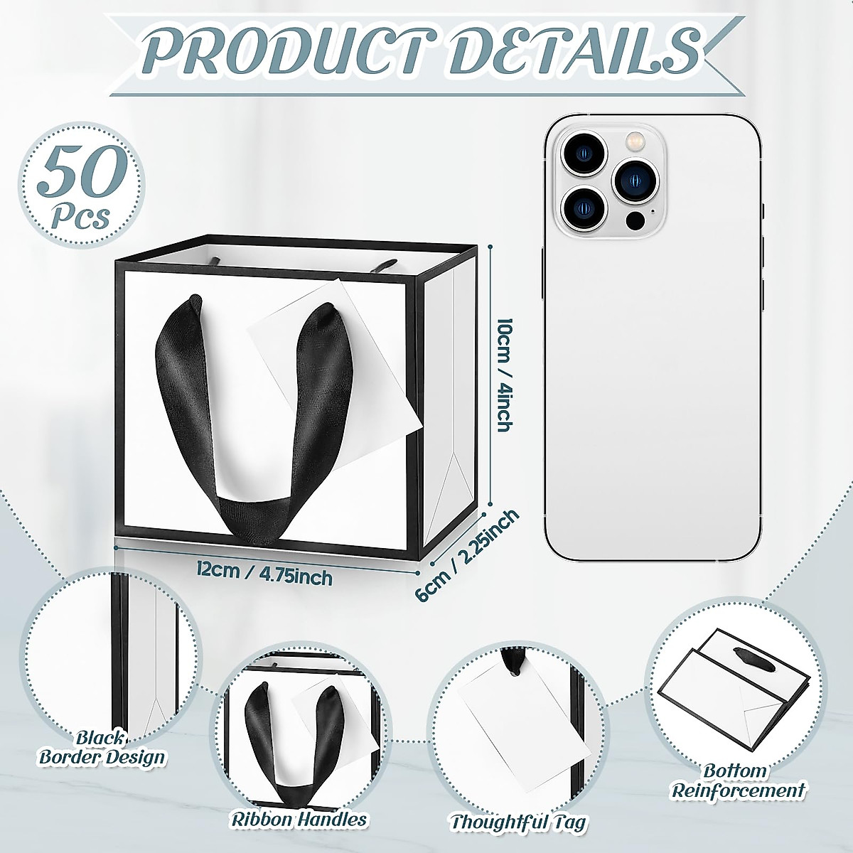 Yeaqee 50 Pcs Mini Gift Bags with Handles Small Christmas Gift Bags Metallic Foil Paper 4x4.75x2.25'' Extra Small Thank You Gift Bags Bulk with Tag for Christmas Birthday Party Wedding(White, Black)