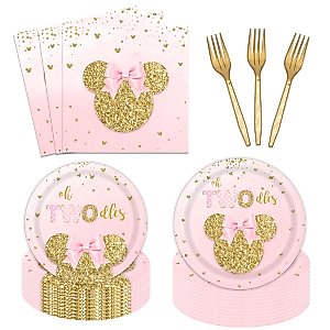 96 PCS Cartoon Mouse 2nd Plates and Napkins Party Supplies Girls Oh Twodles Mouse Happy 2nd Birthday Tableware Set Two Years Old Birthday Dinnerware Party Decorations Serve 24 Guests