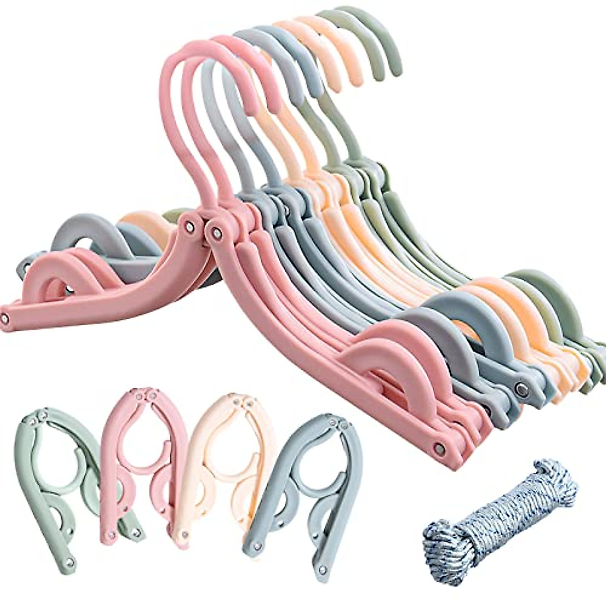 16pcs Colorful Travel Hangers, XIACIBDUS Portable Folding Plastic Hangers with 1 Clothesline, Travel Accessories Clothes Drying Rack for Travel School Home