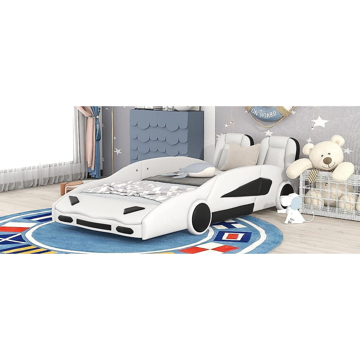 Harper & Bright Designs Twin Size Race Car-Shaped Platform Bed with Wheels, White