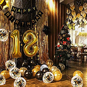MOVINPE 18th Black Gold Birthday Party Decoration, Happy Birthday Banner, Jumbo Number 18 Foil Balloon, 2 Fringe Curtain, Latex Confetti Balloon, Table Confetti for Boy Girl Men Women Anniversary