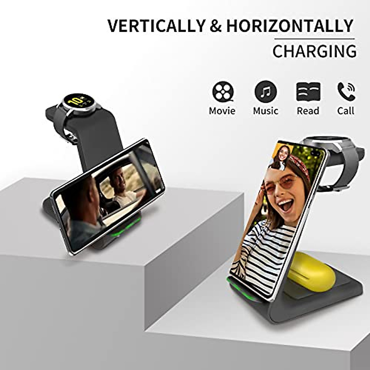 YOCUNKER Wireless Charger,3 in 1 Charging Station Dock for Watch 5/4/3/2/Active 2/1/Gear S3, S22 Ultra/S21/S20/S10/Note 20/Z Flip 4/Z Fold 4/3, Buds+/Pro/Live Black