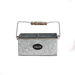 Mind Reader Wood & Galvanized Utensils Caddy, 3 Section Flatware Organizer, Server Ware Holder, Silverware, Cookware, Forks, Spoons, Knives, One Size, Silver Wood Handle