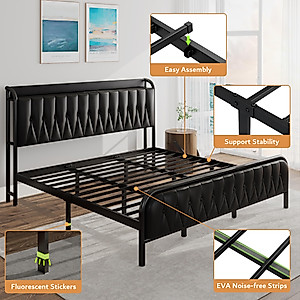 iPormis King Size Metal Bed Frame with Charging Station, Faux Leather Headboard and Footboard, Heavy Duty Steel Support, 12" Under Bed Storage, No Box Spring Needed, Easy Assembly, Black