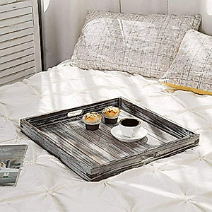 MyGift 19-inch Square Rustic Torched Wood Ottoman Tray with Vintage Metal Side Accent Wraps