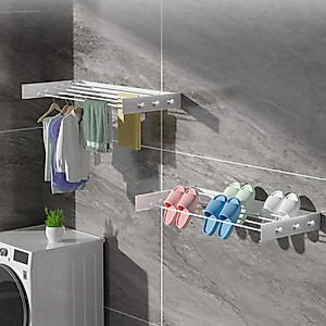 Muibe Upgrade 6 Knob Hooks Wall Mounted Clothes Drying Rack, Foldable Collapsible Wall Mount Laundry Drying Rack Indoor, Drying Rack Clothing, Towel Drying Rack with Wall Template, 5 Rods, 31.5"