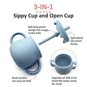 Santi & Me Baby Feeding Set Divided Plate with Suction, Adjustable Silicone Bib, Toddler Training Sippy Cup with Straw, Baby Led Weaning Spoon, Rainbow Plate Dishes and Utensils Set(Dusty blue)