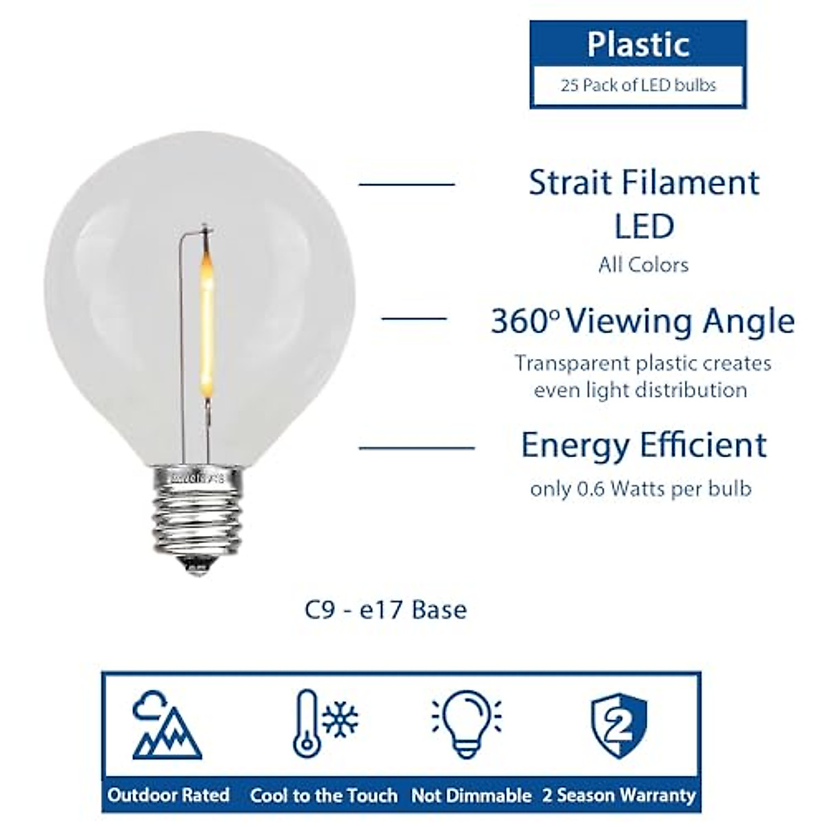 Novelty Lights 25 Pack G50 LED Light Bulbs, E17 C9 Intermediate Screw Base Shatterproof Outdoor String Lights Clear Globe Bulbs, Edison Light Bulbs for Patio Decor, Warm White, 0.6 Watt