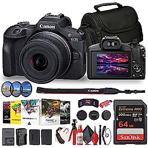Canon EOS R100 Mirrorless Camera with 18-45mm Lens (6052C012) + Filters + Corel Photo Software + Bag + 64GB Card + LPE17 Battery + Charger + Card Reader + Flex Tripod + Cleaning Kit + More (Renewed)