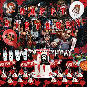 Horror Classic Movie Birthday Supplies, Horror Themed Character Party Decorations Includes Banners, Cake Toppers, Balloons, Cupcake Toppers, Backdrop, Tablecloths, Scream Party Gift for Fans Kids