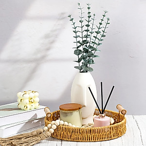 8 Pcs Boho Farmhouse Coffee Table Tray Set 11 Inch Wicker Rattan Serving Tray with Handles Round Rattan Tray Basket Wood Bead Garland with Tassels 6 Artificial Eucalyptus Leaves for Home Fall Decor