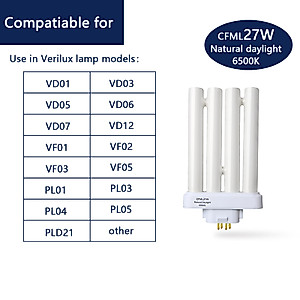 Valoisa (2 Pack CFML27W Natural Daylight Spectrum Fluorescent Light Bulb,Replacement for VERILUX CFML27VLX,6500K
