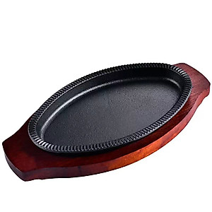 YYJINGYOU Cast Iron Steak Fajita Plate Set with wood Plate for Steak Pizza (11 x 7 inch)
