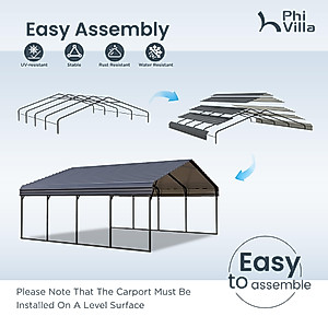 PHI VILLA Outdoor Metal Carport 20' x 20', Carport Canopy Tent Heavy Duty, Garage Car Shelter Shade with Metal Roof, Frame and Bolts for Car, Truck and Boat