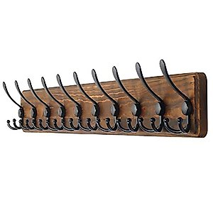Dseap Coat Rack Wall Mounted - 10 Tri Hooks, 38-1/4" Long, Heavy Duty Wooden Wall Coat Hanger Coat Hook for Clothes Hat Jacket Clothing, Natural & Black