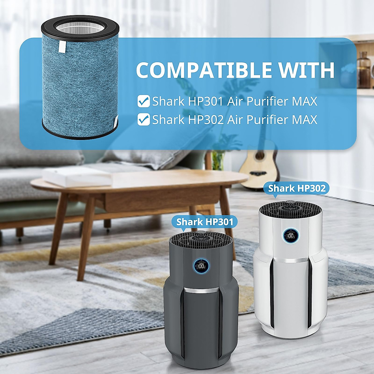 HP302 Replacement Filter Compatible with Shark HP302, HP301 NeverChange Air Pur-ifier MAX, HP200 Series Air Puri-fier MAX, 3-in-1 H13 Grade True HEPA Filter, New Version - 1 Pack