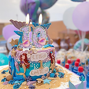 iNINGER Girls Glitter 7th Birthday Number Candle,Glitter Mermaid Number 7 Candle with Pink Shell Sequins,Pink Purple Pearls Cake Candles for Girls Mermaid Themed Birthday Decorations Party Supplies